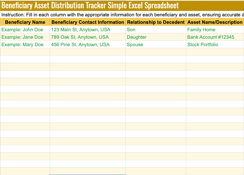 Beneficiary Asset Distribution Tracker Simple Excel Spreadsheet - Small Business Accounting